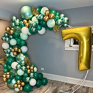 128Pcs Jungle Sarfari Balloon Garland Arch Kit, Double Stuffed Emerald Green Matellic Gold White Balloons with Artificial Palm Leaves for Wild One Animal Party Decorations Kids Birthday Baby Shower