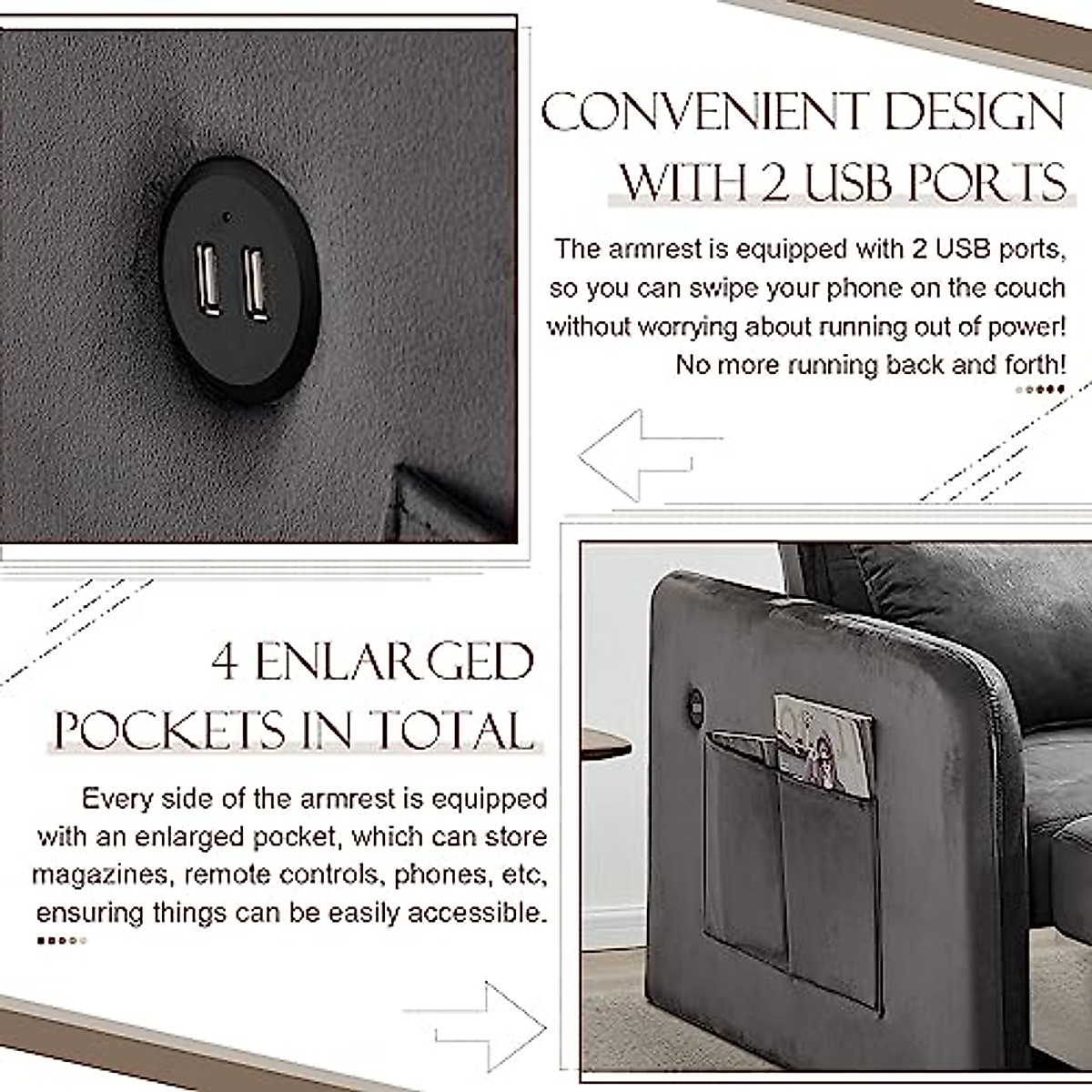 Velvet Pull Out Sleeper Sofa Bed with USB Ports, Convertible Futon Couch with Adjustable Backrest, 3 in 1 Modern Loveseat with 2 Pockets and Pillows, Small Love Seat for Living Room, Office, Dark Grey