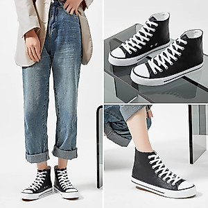 FINIWOR Women's High Top Sneakers PU Leather Fashion Sneakers Women Lace-Up Black and White High Top Sneakers Casual Shoes(Classic Black;US08)