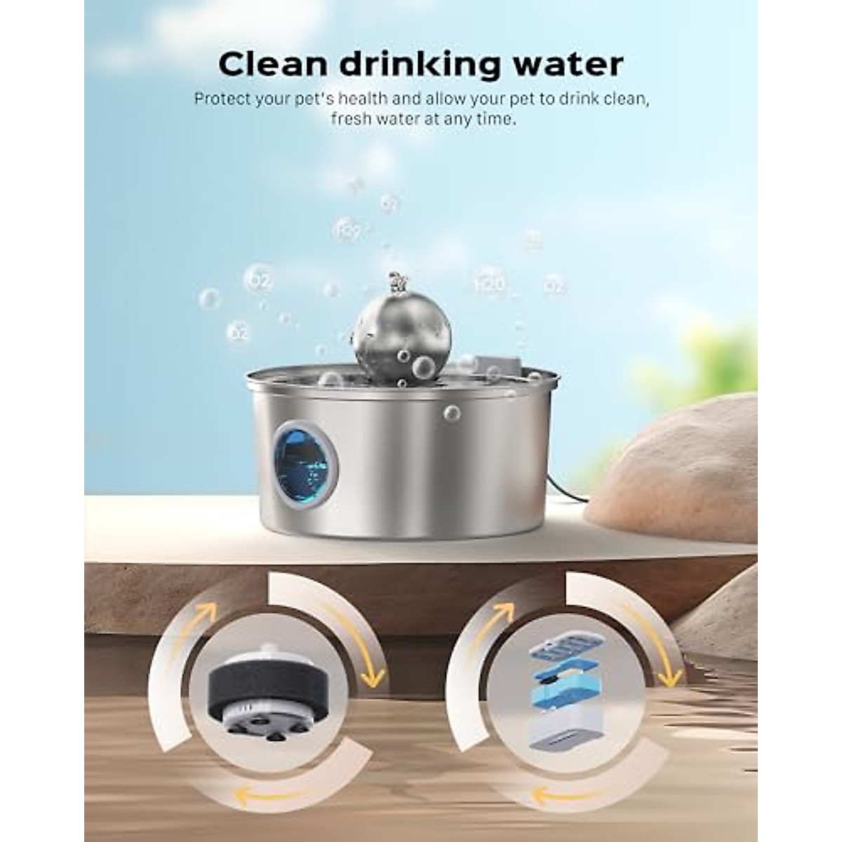 GOOSTOO Stainless Steel Cat Water Fountain - 108oz/3.2L Quiet Pet Fountain with Water Level Window - Attracts Cats to Drink