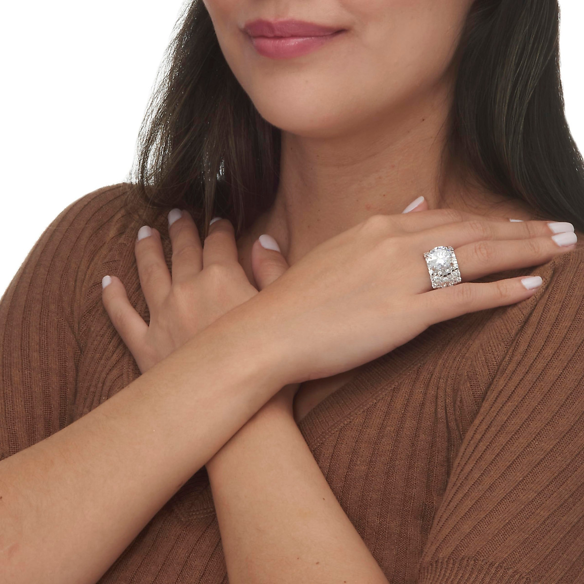 PalmBeach 18K Yellow Gold or Platinum Plated Sterling Silver Round Cubic Zirconia Multi Row Ring Size 7