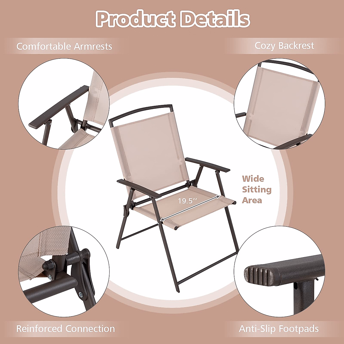 Tangkula 2 Piece Patio Folding Chairs, Outdoor Dining Chairs w/Breathable Fabric, Heavy Duty Steel Frame, Folding Chairs for Garden, Backyard, Poolside, No Assembly Needed (1, Beige)