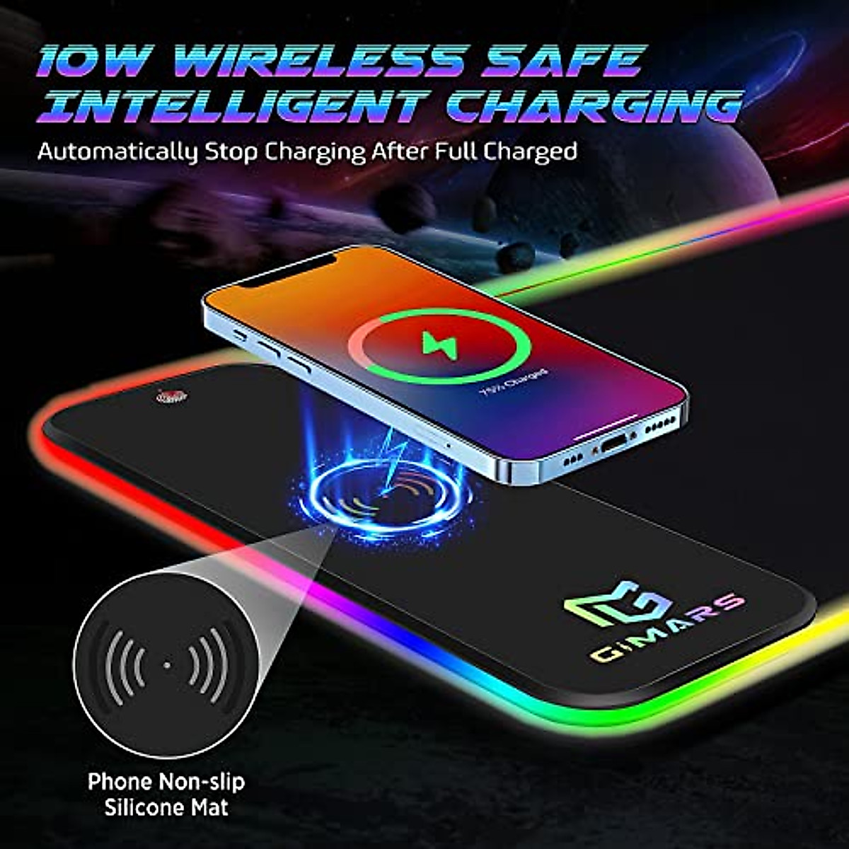 Gimars Gaming Mouse Pad with Wireless Charging, Extened Large 10W Fast Charging RGB Gaming Mouse Pad, 10 Colors LED Light, Premium Smooth Surface, Non Slip Desk Mat for Gaming, Mac, PC, Office