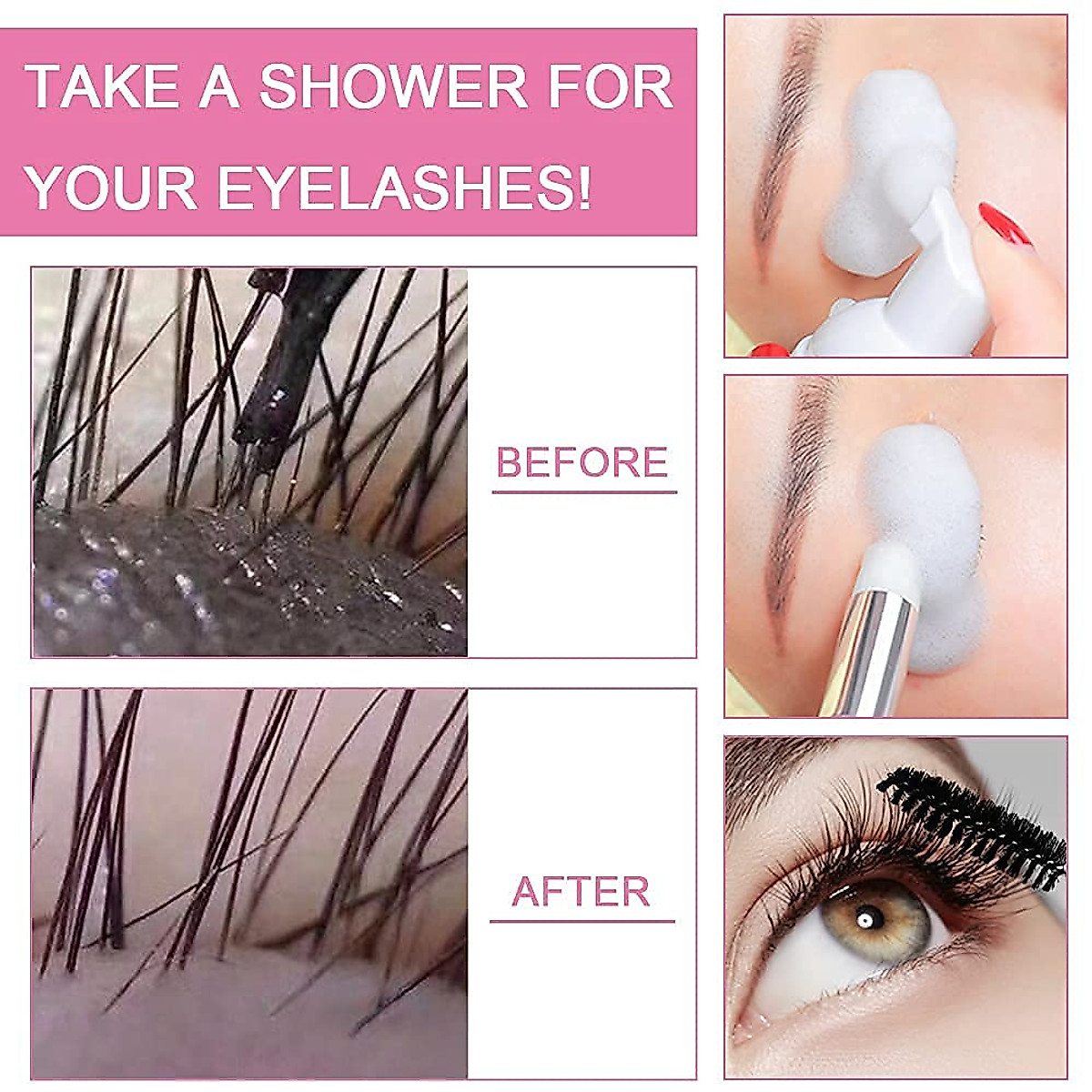 Lash Shampoo 50ml Eyelash Extension Cleanser with Brush and Mascara Wand Eyelid Foaming Cleanser Lash Foam Shampoo for Lash Extensions (50ml/1.7fl oz)