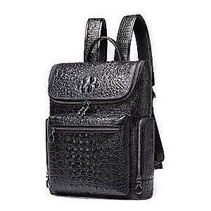 Premium Leather 14 Inch Laptop Backpack Large Capacity Daypack for Travel Hiking Camping, Crocodile Embossed Black