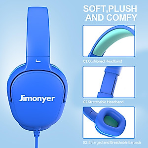 Jimonyer Kids Headphones for School, 3.5mm Jack Wired Headphones for Kids with Safe Volume Limiter, HD Stereo Sound On-Ear Girls Boys Toddler Headphones for Tablet, iPad, Kindle(Blue)
