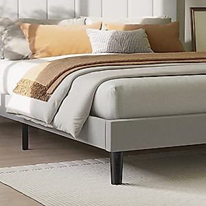 BONSOIR King Size Bed Frame Modern Vertical Panel Upholstered Low Profile Platform with Tufted Headboard/No Box Spring Needed/No Bed Skirt Needed/Linen Fabric Upholstery/Light Grey