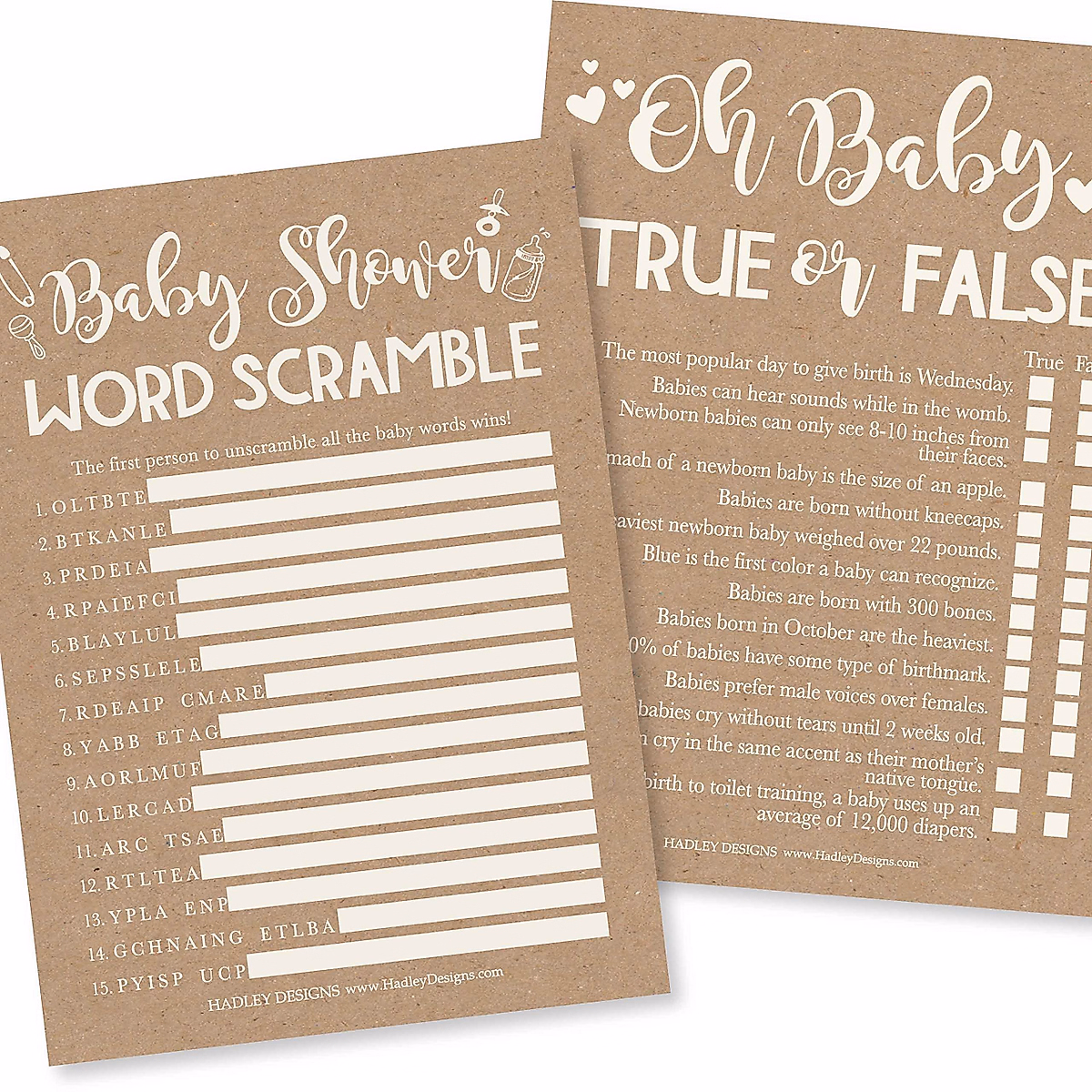 25 Rustic Love or Labor, Boobs Or Baby Butts Game, 25 True Or False, Word Scramble For Baby Shower - 4 Double Sided Cards Baby Shower Ideas, Baby Shower Party Supplies Baby Sprinkle Games