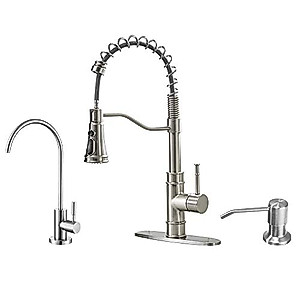 OWOFAN Brushed Kitchen Faucet Including Stainlees Steel Drinking Water Faucet, and Copper Soap Dispenser