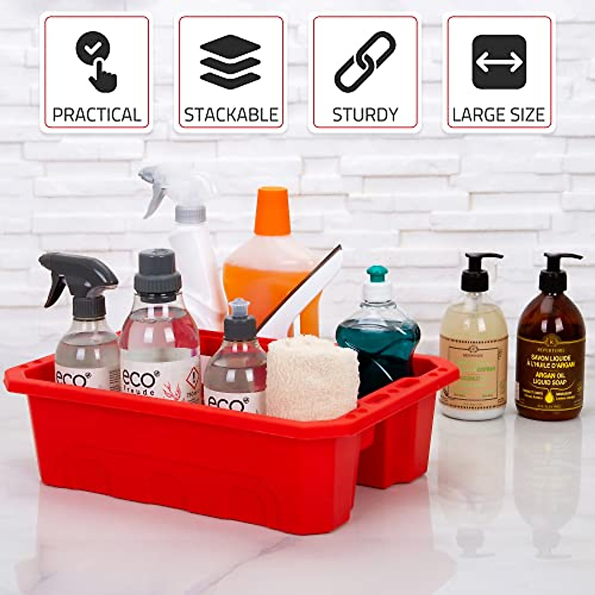CANOPUS Storage Tray Tote with Functional Holes 2 PCs Plastic Cleaning Caddy with Handle, Portable Cleaners Caddy, Undersink Storage for Kitchen, Shoe Cleaning Box, Cleaning Products Organizer, Red