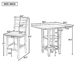 UMISOL 5 Piece Square Dining Table Set for Small Space, Farmhouse Style Counter Height Table Set with 2 Tier Storage Shelving and 4 Padded Chairs (Gray)