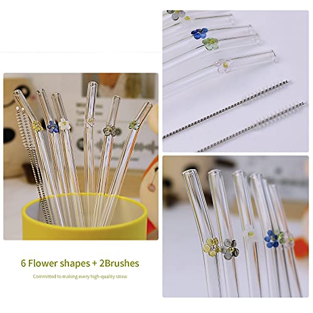 6-Pack Reusable Glass Straws with Flowers,Glass Straws Shatter Resistant,8''x8 MM,6 Bent with 2 Cleaning Brushes - Perfect for Smoothies, Milkshakes, Tea, Juice - Dishwasher Safe