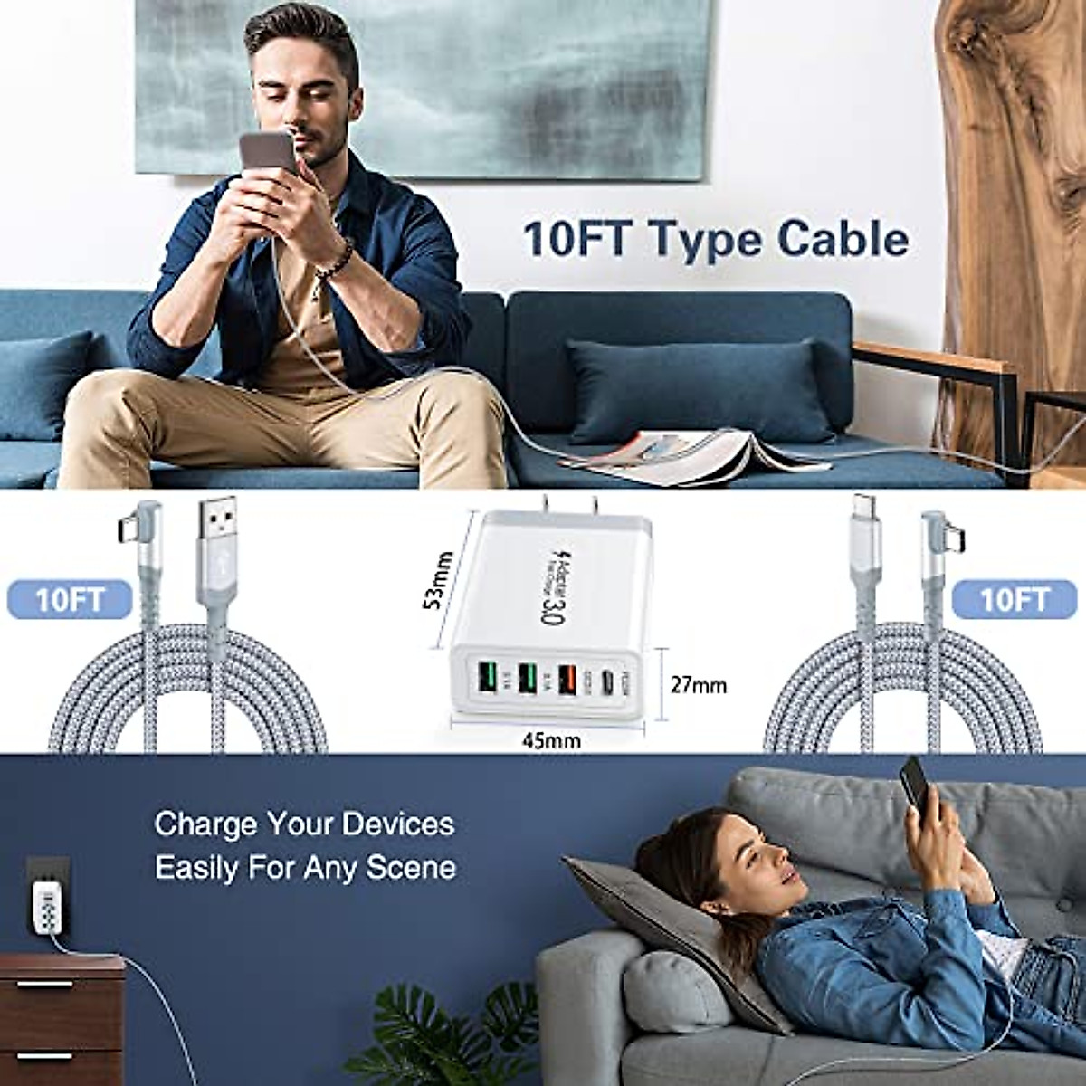 35W Fast Charging Wall Charger with USB C Cable 10FT Boxeroo 2-Pack 4Port USB C Power Adapter Block Right-Angle USB A to C Cable Compatible for Galaxy Samsung Galaxy S22 Ultra S21 S20 S10 Pixel 6/5/4