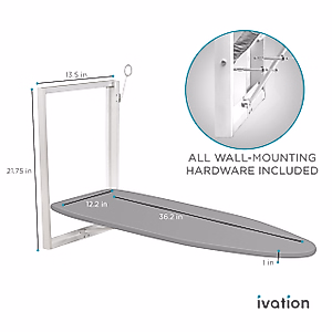 Ivation Wall-Mounted Ironing Board | Foldable 36.2” x 12.2” Ironing Station for Home, Apartment & Small Spaces | Sturdy Folding Board, Easy-Release Lever, Removable Cotton Cover & Mounting Hardware