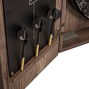 Unicorn LED Bristle Dartboard Cabinet Set - LED Tournament-Style Lighting - Official Size Dartboard - Woodgrain Finish Cabinet with Chalk Scoreboards - Includes Six Steel Tip Darts, Brown