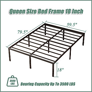JTPTU Bed Frame Queen Size No Box Spring Needed,18 Inch High Heavy Duty Platform Queen Metal Bed Frame,Steel Slat Support,Noise Free,Easy Assembly Black