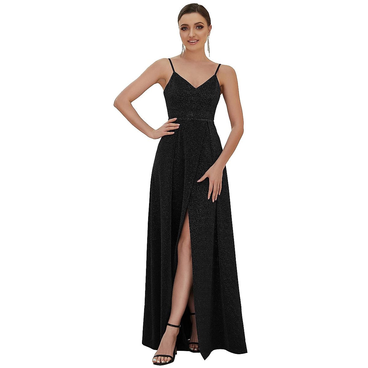 Ever-Pretty Women's Spaghetti Straps V-Neck Sleeveless Split A-Line Glitter Prom Dress Black US4