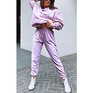 Waitfairy Women's High Waisted Sweatpants Cinch Bottom Jogger Pants with Pockets for Teen Girls Light Purple L