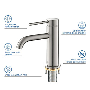 KIBI Circular Single Handle Bathroom Vanity Sink Faucet with Pop Up Drain | Solid Brass Lavatory Faucet with Water Supply Hose | Durable and Corrosion-Resistant | Brushed Nickel, KBF1008