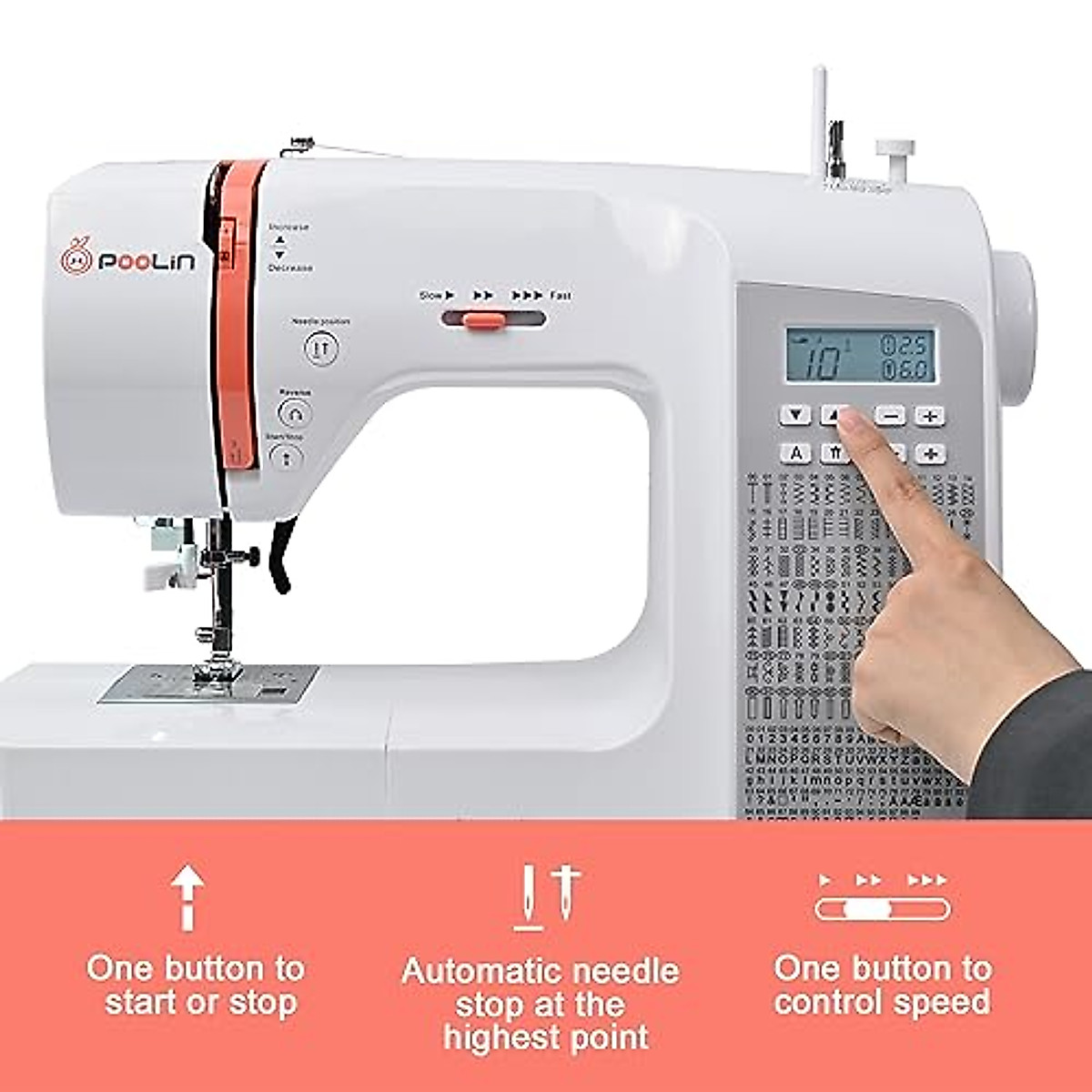 Poolin Computerized Self Threading Sewing Machine - 293 Stitches Applications with Social Media Video Tutorials, Include 7 Presser feet, Double Needle, 3 Bobbins & Threads, EOC2720