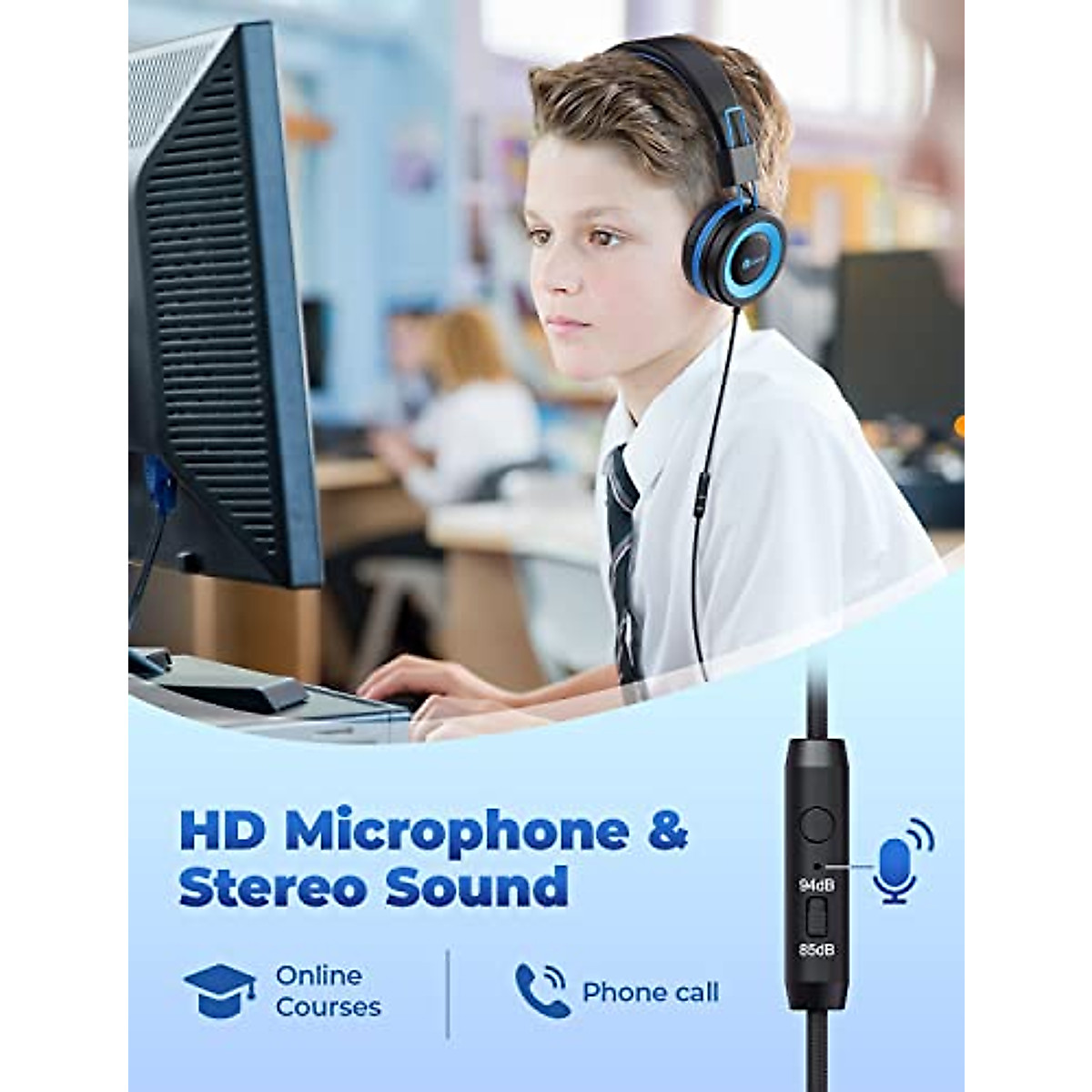 iClever HS14 Kids Headphones, Headphones for Kids with 94dB Volume Limited for Boys Girls, Adjustable Headband, Foldable, Child Headphones on Ear for Study Tablet Airplane School, Black, Blue