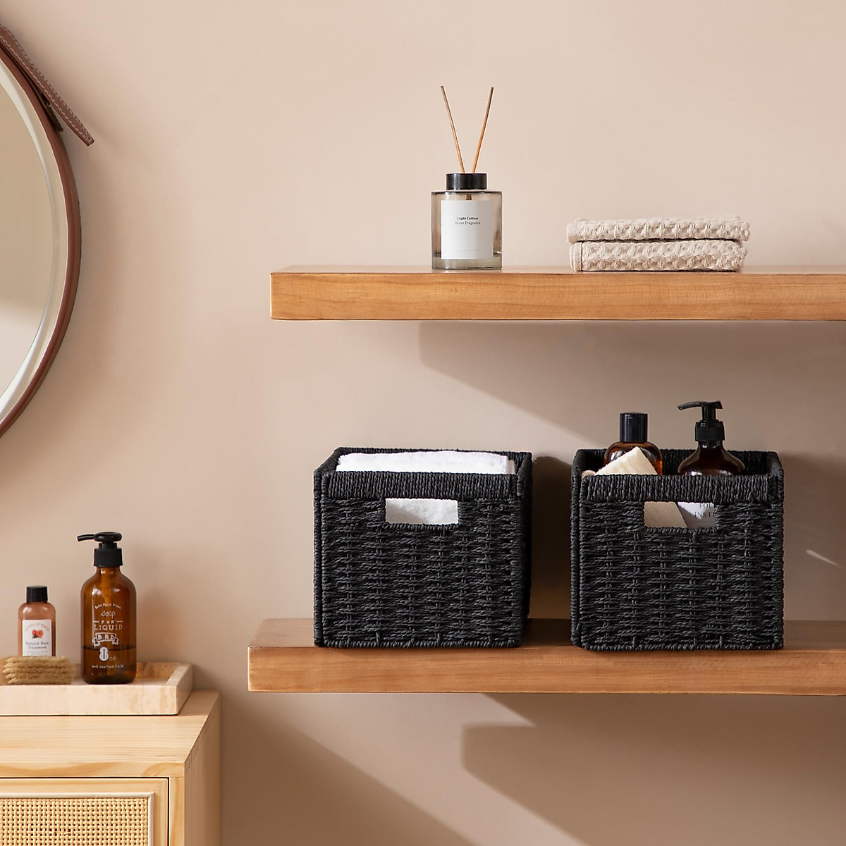 UBBCARE 2 Pack Wicker Basket, 13.4L×8.3H×7.1W inch Woven Paper Rope Storage Baskets for shelves, Foldable Rectangular Storage Baskets with Handle, Storage Basket for Organizing, Black