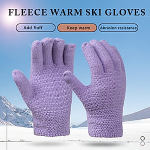Winter Gloves for Boys Girls - Kids Warm Knit Thermal Cable Knitted Gloves Purple Wool Fleece Lined Mittens for Cold Weather