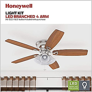 Honeywell Ceiling Fans Glen Alden, 52 Inch Classic Flush Mount Indoor LED Ceiling Fan with Light, Pull Chain, Quick-2-Hang Dual Finish Blades, Reversible Motor - 50519-01 (Brushed Nickel)