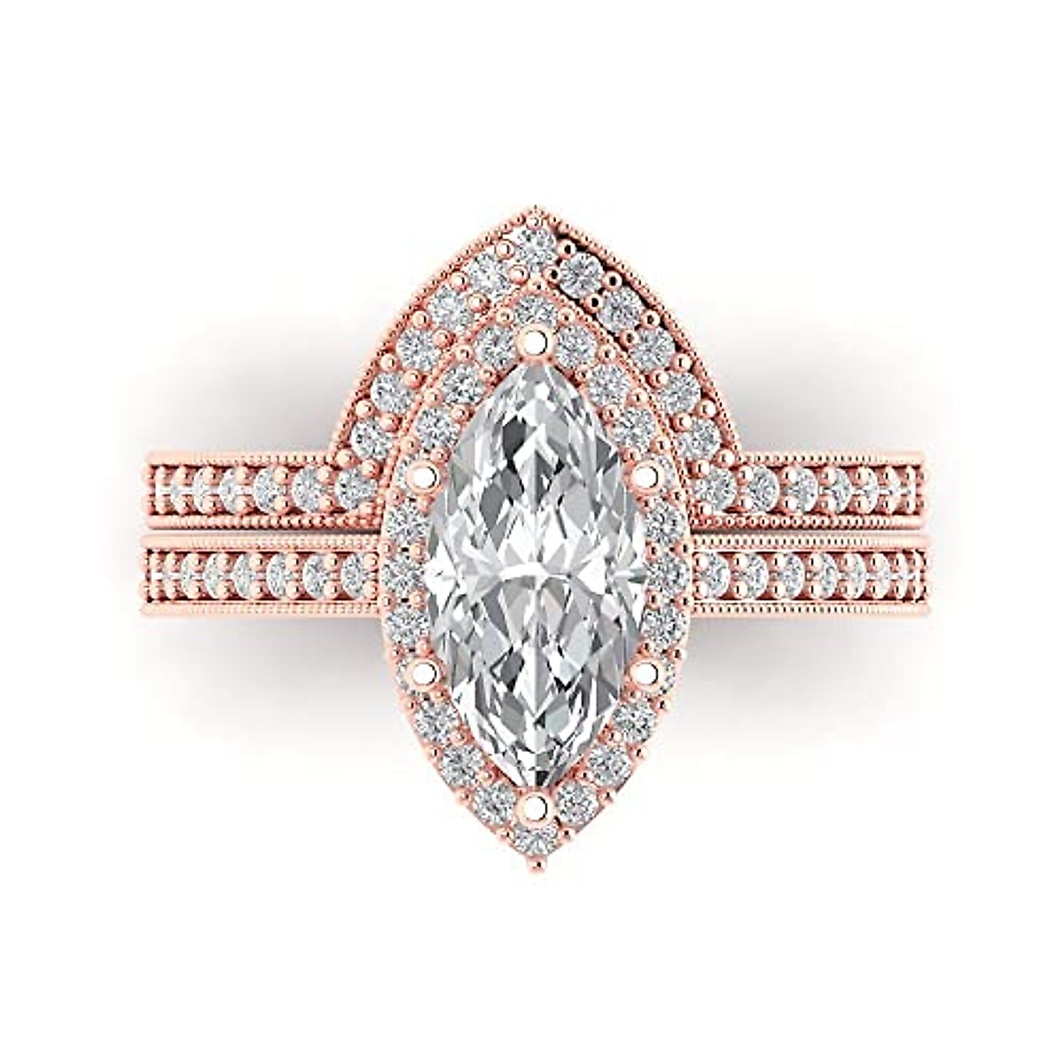 Clara Pucci 2.26ct Marquise Round Cut Laser Engraving Pave Halo White Sapphire Designer Statement Ring Band Set 18K Rose Gold Size 10