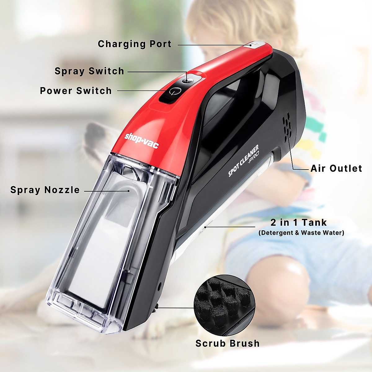 Shop-Vac Spot Cleaner for Carpet and Upholstery, Portable Cordless Carpet Cleaner, with 2 Bottle of 8 oz Spot & Stain Formula, Red