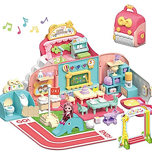 iPlay, iLearn Backpack Dollhouse Playset for Girls 3-5, Kids Pretend Play Doll House Set W/ Portable Backpack, Dolls, School Accessories, Birthday Gifts for 4 5 6 Year Olds Children Toddlers
