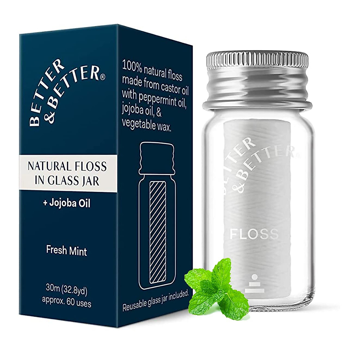Better & Better Natural Floss in Refillable Glass Jar | Waxed & Zero Plastic Oral Care - 100% Plant-Based, Vegan, Eco and Non Toxic Dental Floss, 1 Spool