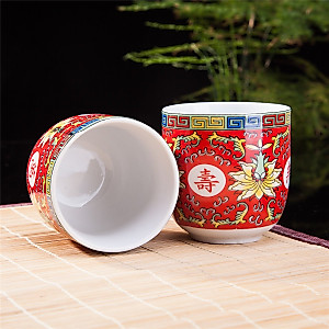 THY COLLECTIBLES Set Of 6 Eastern Asian Design Ceramic Tea Cups In Red Longevity Symbol - 8 OZ Capacity Each