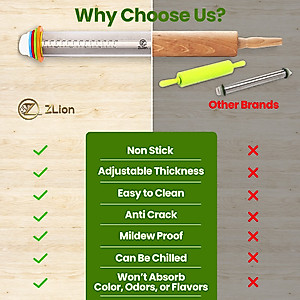 Zlion Rolling Pin with Thickness Rings – Stainless Steel and Corrosion-Resistant Adjustable rolling pin w/Silicone Pastry Mat for Baking Pizza, Dough, Pastry, Fondant, Pasta