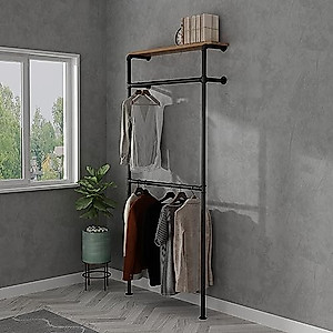 LANJIN Industrial Pipe Clothing Rack,Clothes Rack for Wardrobe, Bedroom and As Walk-in Closet System.Sturdy Clothing Racks for Hanging Clothes,Wall Mounted Heavy Duty Clothes Rack,Black A
