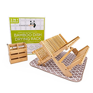 All-in-1 Bamboo Dish Drying Rack Set with Utensil Holder and Microfiber Drying Mat Large Collapsible 3 Tier Wooden Dish Drying Rack Bamboo Utensil Drying Rack and 15" Dish Drying Mat.