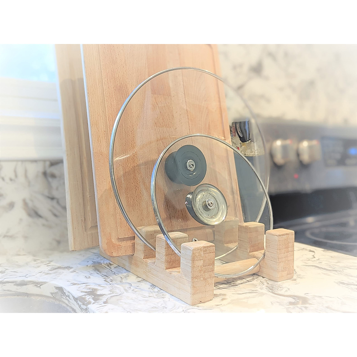 Stock N Wares Bamboo Cutting Board Holder, Pot Lid Holder, Cook Book Stand, Tablet Holder for Kitchen, Stylish Low Profile, 10.38" Lx7 Wx2.5 H(26.35cmx17.78cmx6.35cm)