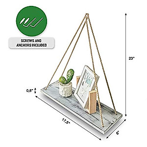 ASLINY [Set of 2 Distressed Wood Hanging Swing Rope Floating Shelves (Rustic White)