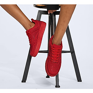 LUCKY STEP Women Fashion Sparkle Rhinestone Sneakers White Leather Low Top Tennis Shoes Lace Up Casual Comfortable Walking Shoe(Red Rhinestone,10B(M) US)