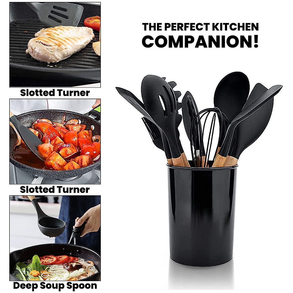 Kitchen Utensils Sets Cooking Utensils sets Wood Spoon Silicone Heat Reaistant Non stick Cookware Set Wooden Handle Spatula Set With Holder Cooking Gadget tool Food Graded BPA Free Non Toxic 12 pieces