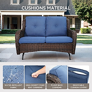 Bellefurn Patio Loveseat Wicker Loveseat Rattan Glider Sofa with Curved Armrest Thicking Back & Seat Cushions for Garden Balcony Backyard Brown Wicker|Blue Cushions (A) Patio Loveseat Glider