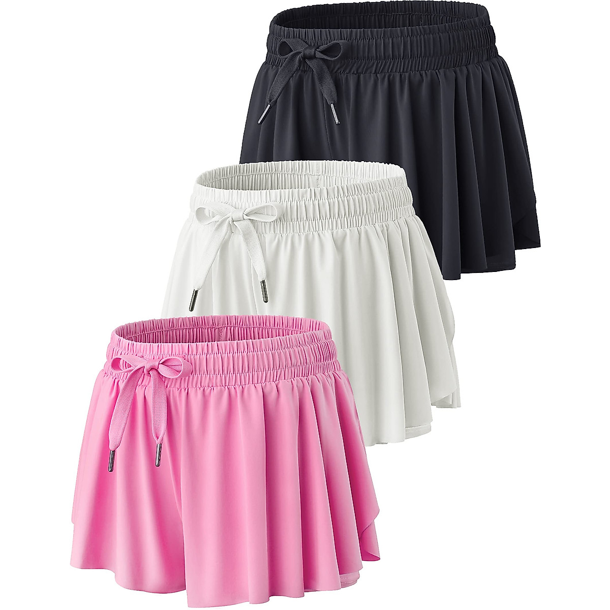 3 Pack Girls Flowy Shorts with Spandex Liner 2-in-1 Youth Butterfly Skirts for Fitness, Running, Sports (Set 2, Youth X-Small)