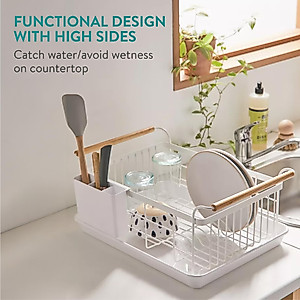 Navaris Dish Drainer Rack - Plate, Silverware, Pots and Pans Drying Rack for Kitchen with Beechwood Handles - Modern Retro Design Drip Tray - White