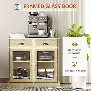 HOMCOM Farmhouse Sideboard Buffet Cabinet, Kitchen Cabinet with 2 Glass Doors, Coffee Bar Cabinet with Adjustable Shelves and 2 Drawers for Living Room, Oak