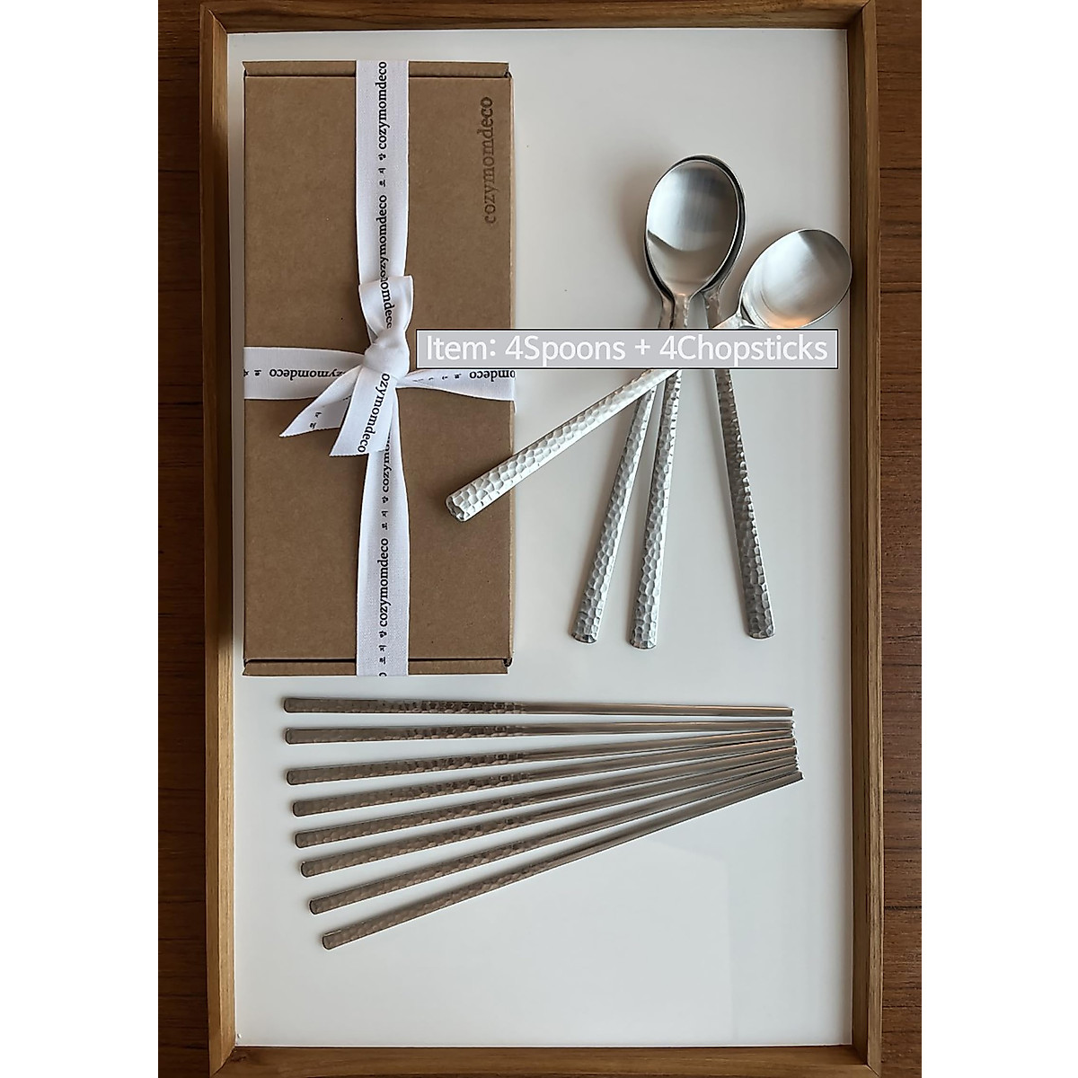 cozymomdeco Korean Made Silver Glossy Hammered Stainless Steel Korean Spoon & Chopstick SET (4SET)