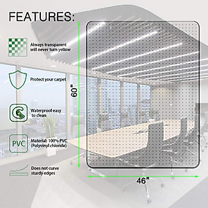 100pointONE Office Chair Mat for Carpets - 60'' x 46'' 0.09'' Thick Transparent Floor Mats for Flat Low and No Pile Carpeted Floors, with Grippers (60'' X 46'' Rectangle)