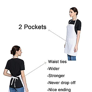 LOYHUANG Total 6PCS White Apron for Women Adult Unisex Plain Color Bib aprons with 2 Front Pockets Washable Chef Aprons for Cooking Baking Kitchen Restaurant Crafting