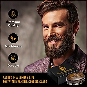 Regal Haus Grooming Premium Barber Quality Boar Bristle Beard and Mustache Brush for Men with Reusable Box- Grooming Care Products for Men - Comb Beard Oil or Balm Through Facial Hair - Military Style