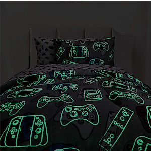 Kids Rule 2 Piece Gamer Glow in The Dark Comforter Set, Game Controllers Print, Blue, Grey - Twin (GMR2CMFST)