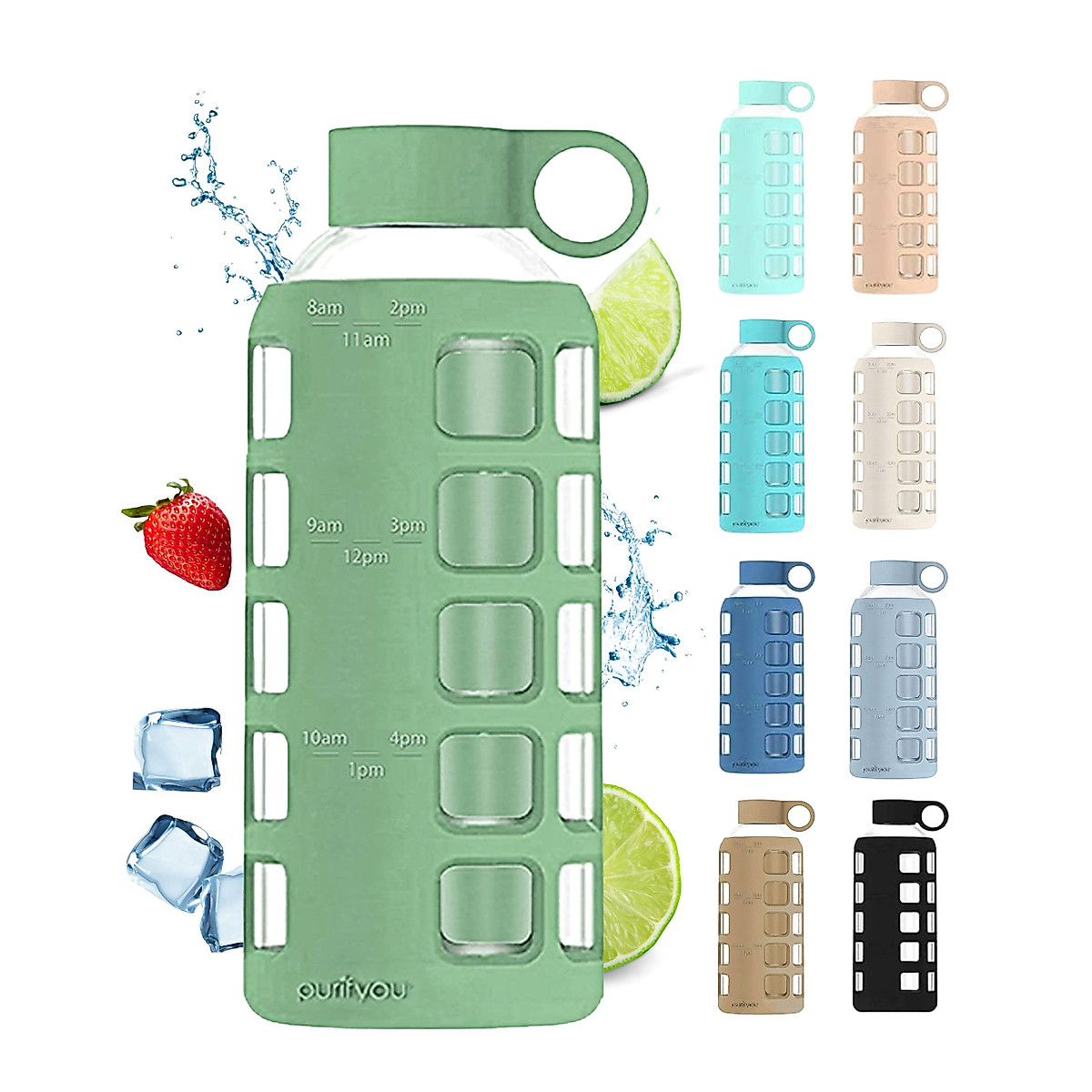 purifyou Premium 40/32 / 22/12 oz Glass Water Bottles with Volume & Times to Drink, Silicone Sleeve & Stainless Steel Lid Insert, Reusable Bottle for Fridge Water, Milk, Juice (22oz Shale Green)